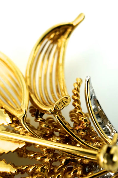 Vintage 14k yellow gold diamond fern spray vintage brooch pin 50s USA ...